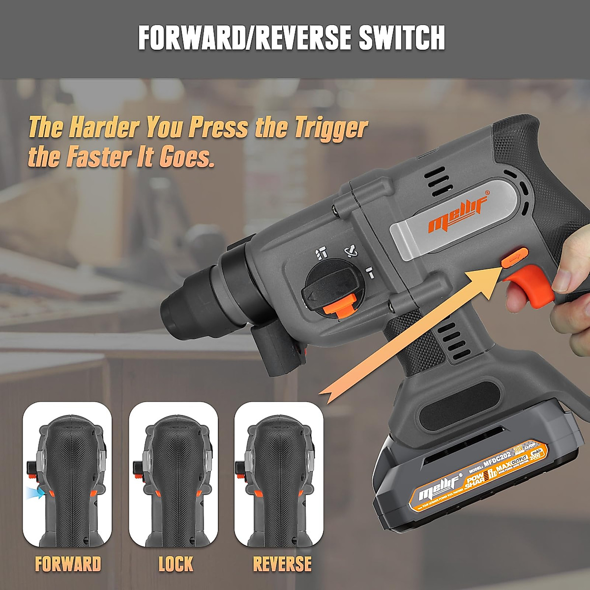 Mellif Brushless Rotary Hammer Drill Compatible with Dewalt 20v Max Battery, 1 1/8 in SDS Plus 1,400RPM, Heavy Duty Safety Clutch, 4 Modes for Concrete, Masonry, Wood, Metal (Tool Only)