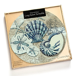 Counterart Tide Pool Shells 4mm Heat Tolerant Tempered Glass Lazy Susan Turntable 13" Diameter Cake Plate Pizza Server