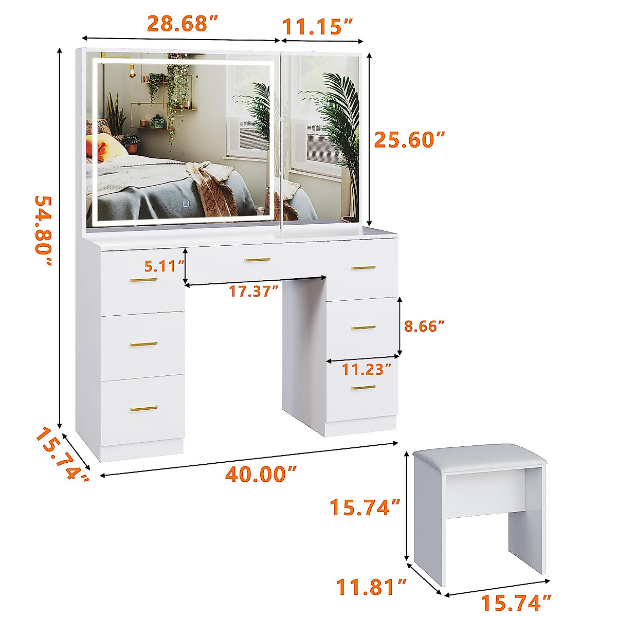 Wildhome Vanity Set with Lighted Mirror,Extra Large Mirror Makeup Vanity Table with 7 Drawers&Cushioned Stool,Dressing Table with Drawers, Bedroom Vanity Desk for Women, White