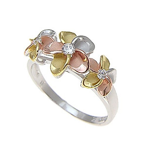 Arthur's Jewelry 925 sterling silver Hawaiian yellow pink rose gold rhodium tricolor plated 3 plumeria flower cz ring size 9.5