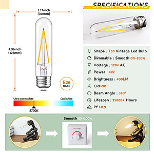 Sphoon Dimmable Tubular Led Bulb E26 led Light Bulb,T10 T30 Vintage LED Bulbs, 40 watt Equal 4W, 2700K Warm White Light Edison Lights Bulbs, AC120V, 400lm, for Chandelier Pendant Lights- 2 Pack