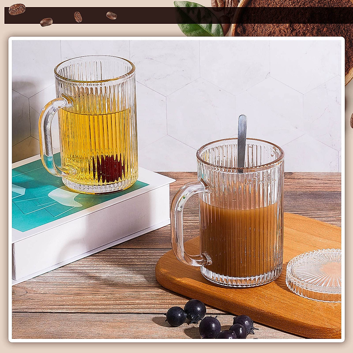 Suclain 4 Pieces Glass Coffee Mugs Clear Vertical Stripes Tea Mug with Lid and Spoon Ribbed Glasses for Espresso Milk Chocolate Latte Juice Anniversary and Birthday, 11.8 oz