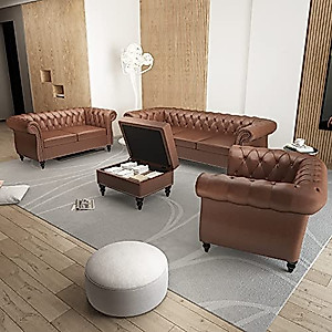Chesterfield Loveseat, Modern Leather Sofa Tufted Couch 2 Seater with Rolled Arms and Nailhead for Living Room, Bedroom, Office, Apartment (Dark Brown)