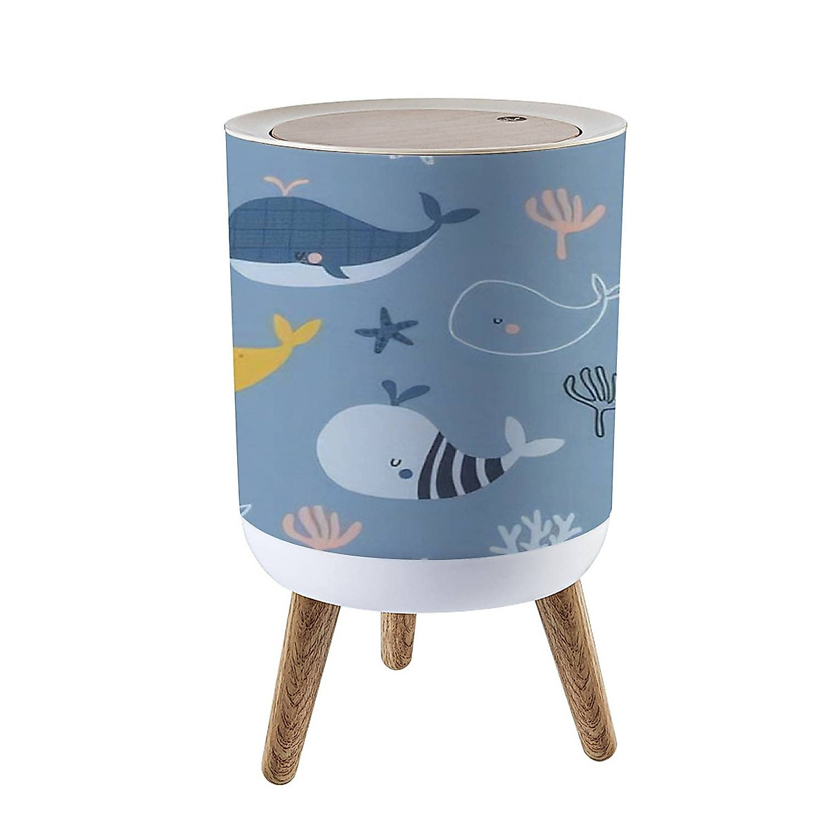 7L/1.8 Gallon Garbage Can with Press Top Lid Seamless childish with funny whales Creative scandinavian kids texture Trash Bin with Wooden Legs Dog Proof Round Trash Can for Kitchen Outdoor Bathroom