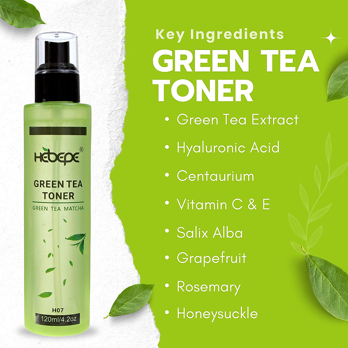 Hebepe Green Tea Matcha Facial Toner, Refreshing, and Soothing Face Toner, with Hyaluronic Acid, White Willow, Honeysuckle, Grapefruit Extract, Rosemary, 120ml