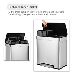 Arlopu 16 Gallon Stainless Steel Trash Can, 60L Kitchen Classified Recycle Garbage Can, Dual Compartment Dustbin with Removable Inner Buckets, Step-on, Soft-Close Lid, for Home Office, Silver