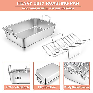 Leonyo Roasting Pan with V-shaped Rack, Stainless Steel Rectangular 16” Turkey Roaster Pan with Handles for Chicken Lasagna Vegetables Brownie, Non-stick Roasting Rack, Heavy Duty Dishwasher Safe