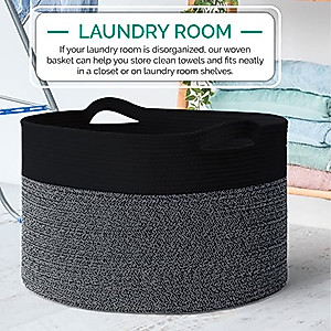 Organizix XXXXL Large Round Cotton Rope Storage Basket Bin Organizer Laundry Hamper with Handles, 21 x 21 x 14, Extra Large Blanket Woven Toy Basket, Black/Black