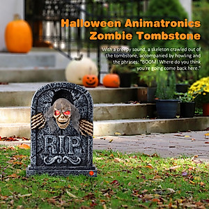 Motion Activated Halloween Animatronics Zombie Tombstone - LED Gravestone Decorations with Spooky Skeleton Skull Head, Light Up Eyes, Creepy Voice, Scary Motion Haunted Horror Prop for Indoor/Outdoor