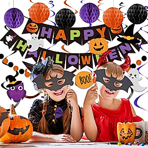 meowtastic Happy Halloween Banner Decorations - Halloween Banner with Honeycomb Ball, Halloween Hanging Swirl Streamer, Circle Dot Garland Decorations for Halloween theme Party Decorations