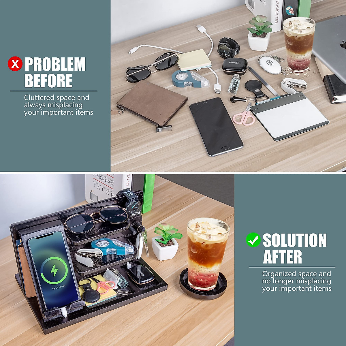 Parkway Home Black Wood Phone Docking Station - Wood Charging Station Organizer Stand, Bedside Nightstand Organizer for Men and Women, Holds Phone, Tablet, Keys, Glasses, EDC and more