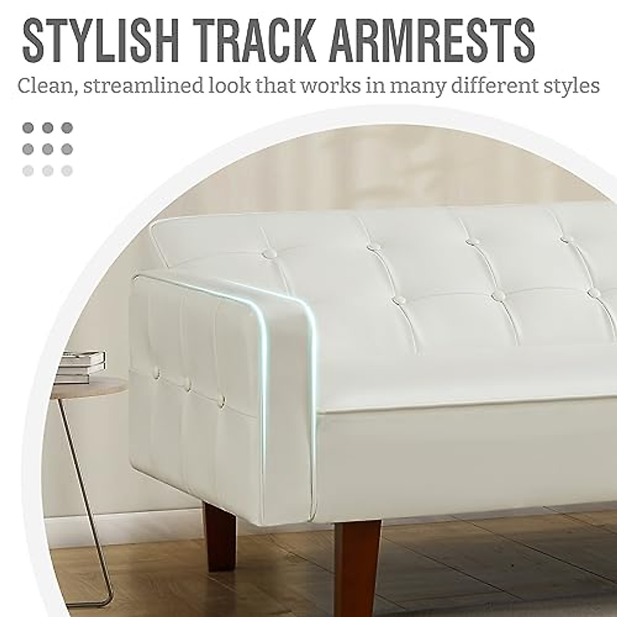 IULULU Futon Sofa Bed, Modern Convertible Faux Leather Sleeper Couch with Armrests for Studio, Office, Apartment, Compact Living, Game Room, Overnight Guests, White