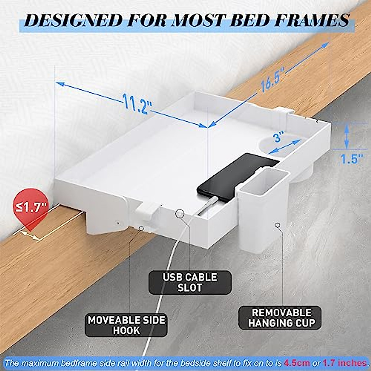 Ronlap Folding Bedside Shelf, Bunk Bed Shelf Organizer for Top Bunk Clip On Nightstand for Loft Bed Plastic Bedside Shelf Tray for Kids with Cupholder Hooks Hanging Cup, Plus Size, White