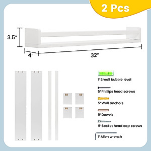 Fun Memories Nursery Book Shelf Set of 2, 32 inch Wall Bookshelf for Kids, White Baby Bookshelf, Nursery Decor, Wall Shelves for Living Room, Toy Storage Shelves