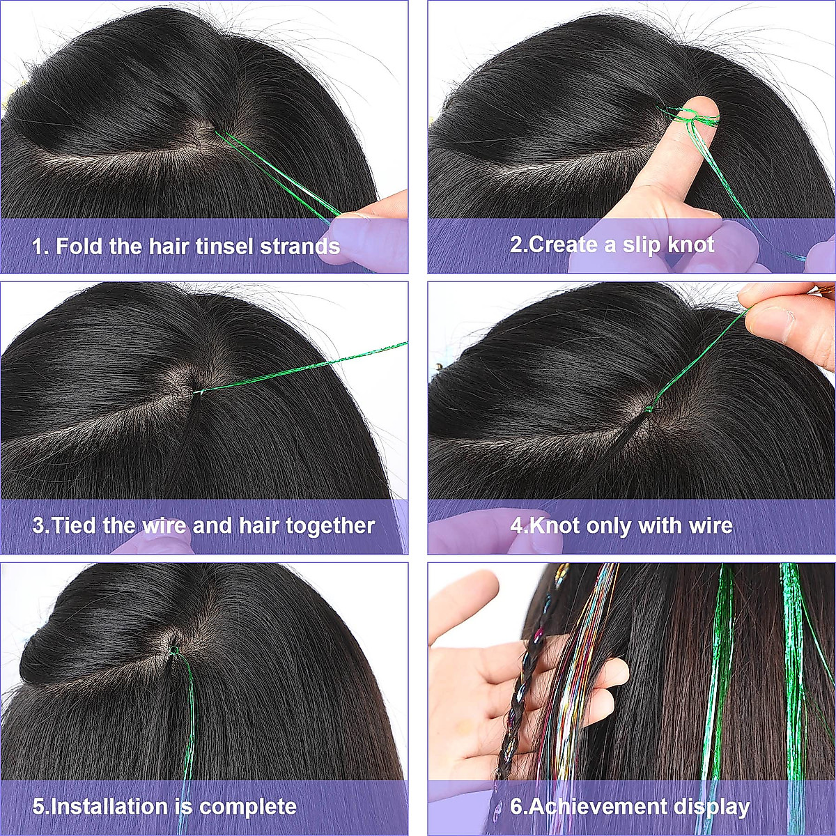 FEBSNOW 47 Inches Tinsel Hair Extension with Tool 3600 Strands 18 Mixed Colors Hair Extension Tinsel Kit Glitter Hair Extensions for Women Girls Hair Accessories for Christmas New Year Cosplay Party