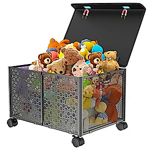 BSSOYAMM Toy Box Storage with Wheels, Toy Chest Storage Organizer with Lid, Collapsible Sturdy Metal Toy Bins for Kids, 90L Toy Storage for Nursery, Playroom, Bedroom