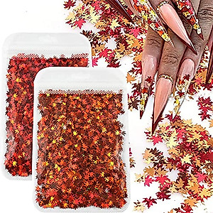 Maple Leaf Shape Glitter Fall Nail Art Sequins ,3D Metallic Red God Orange Yellow Mixed Design Confetti Maple Spangles for Women DIY Manicure Kit Decorations Salon Accessories 2 Bags