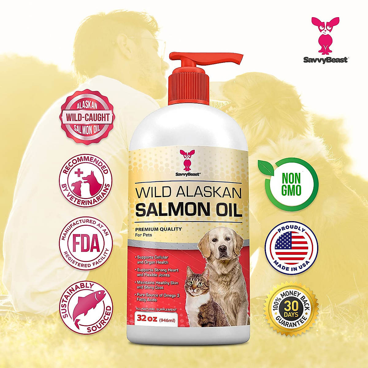 Pure Wild Alaskan Salmon Oil for Dogs, Cats, Ferrets - 32 oz Liquid Omega 3 Fish Oil, Pump on Food - Unscented All Natural Supplement for Skin and Coat, Joints, Heart, Brain, Allergy, Weight, Immune