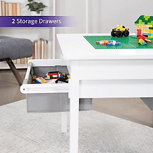 Life Finds 2-in-1 Kids’ Construction Play Table Designed for Lego Building Bricks, Reversible Table Top, Creative Play, Interlocking Building Block Surface, Storage Drawers, White, LF-LTB01