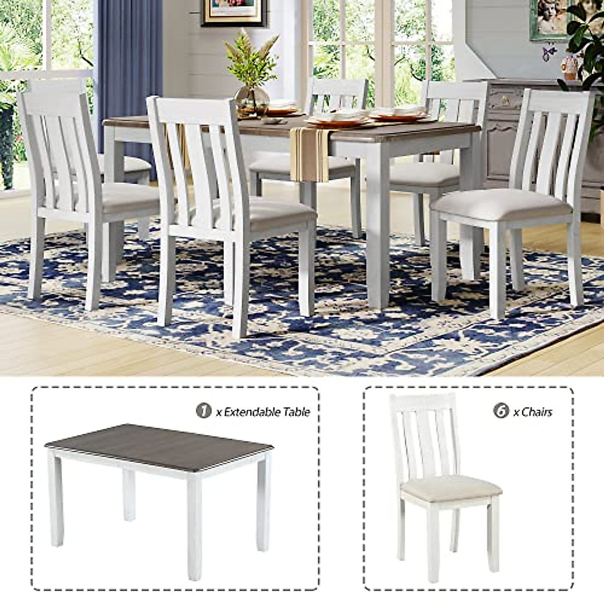 ODC Retro Style 7-Piece Kitchen Dining Sets for 6-8, Rustic Farmhouse Wood Extendable Table with 6 Upholstered Chairs, Ergonomically Design Kitchen &Restaurant Furniture for Six, White