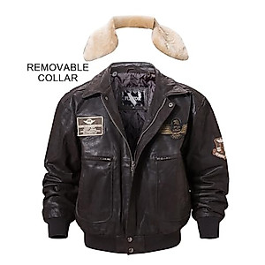 FLAVOR Men's Real Leather Bomber Jacket with Removable Fur Collar Aviator (X-Large, Dark Brown, x_l)