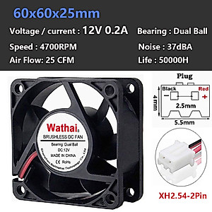 Wathai 60mm x 60mm x 25mm 12V 2P Dual Ball DC Case Fan Brushless Cooling Fan