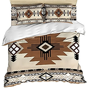 Southwestern America Duvet Cover Twin Size - 4 Pieces Duvet Cover Set, Beige Tribal Geometric Ethnic Vintage Bedding Comforter Cover Zipper Closure, 1 Duvet Cover 1 Fitted Sheet 2 Pillow Shams