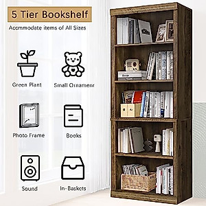 Vikiullf Wood Bookshelf - Tall Bookcase with 5 Storage Shelves, Freestanding Display Book Shelf for Living Room, Bedroom, Home Office Library, Child Room,Rust Brown