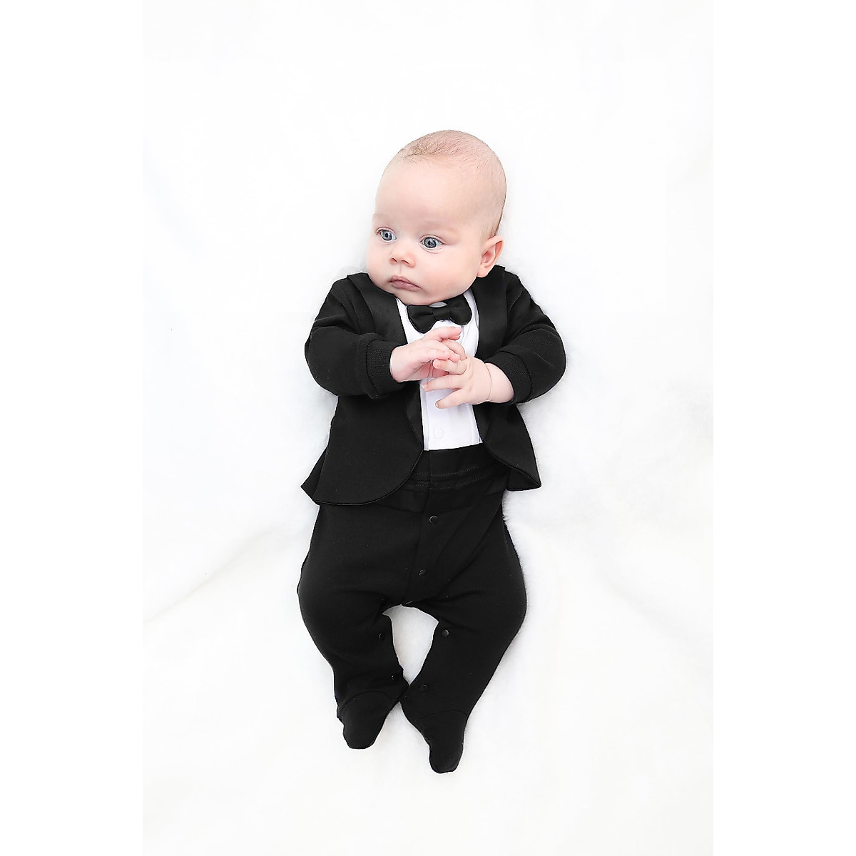 Lilax Baby Boy Gentleman Tuxedo Footie Christmas Holiday Outfit with Bow Tie (3 Months, Black)
