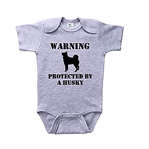 Warning Protected by A Husky/Trendy Dog Onesie for Babies (0-3M, Grey SS (Black Text))