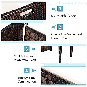 Tangkula 3 Piece Outdoor Rattan Dining Set, No Assembly Patio Bistro Set with Tempered Glass Table, Space Saving Patio Wicker Cushioned Chair Furniture Set for Courtyard, Balcony, Garden (Brown)