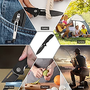 GVDV 9Cr18Mov Stainless Steel Pocket Knife with Ball Bearing Flipper, 3” Blade EDC Folding Knife for Hunting Camping Fishing, Gifts for Men Women, Medium (Black)