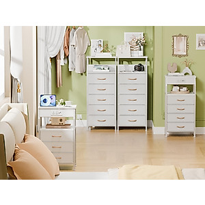 Furnulem 5 Drawers Dresser with Charging Station, Tall Night Stand with Open Shelf, Storage Tower with PVC & Fabric Drawer, Bedside Table for Bedroom, Closet, Entryway, 3 Ways to Use, White
