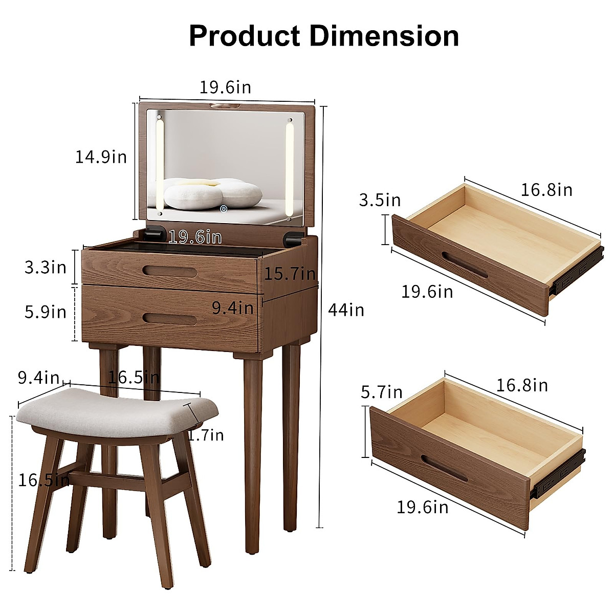 KASLANDI Solid Wood Vanity Desk with Flip Top Mirror & Lights, Small Makeup Vanity with Drawers, 3 Lighting Modes Adjustable Brightness, Vanity Table for Bedroom & Living Room (Walnut)