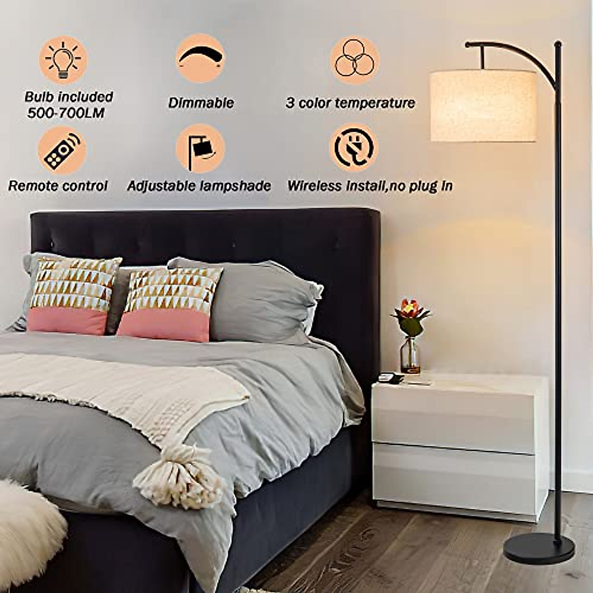 Battery Operated Cordless Floor Lamp with Remote Control For Bedroom, Dimmable Floor Lamp Modern Tall Standing Floor Lamp with Linen Lampshade For Living Room, 3 Color Temperatures LED Bulb Included