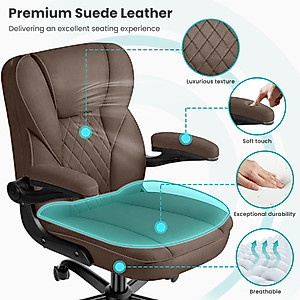 Brick Attic Office Chair - Executive Office Chair with Wheels, Ergonomic Home Office Desk Chairs, Comfortable Suede Leather Office Chair with Flip Up Armrests, Swivel Rolling Computer Desk Chair Brown