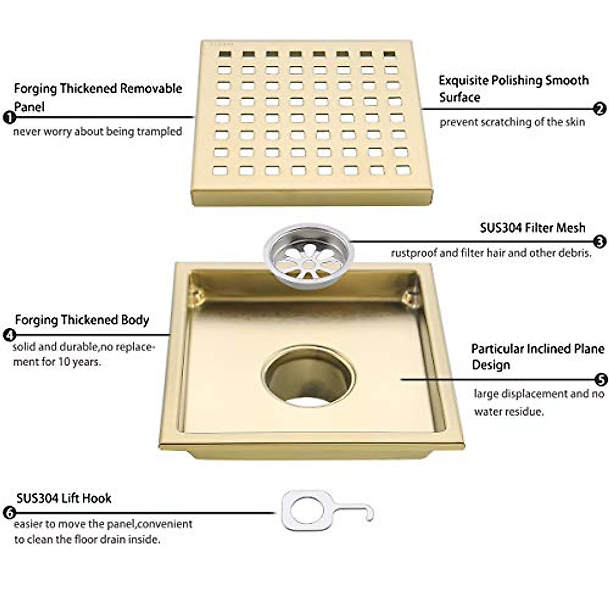 6-inch SUS304 Stainless Steel Square Shower Floor Drain with Tile Insert Grate Removable Multipurpose Invisible Look or Flat Cover,Brushed Stainless