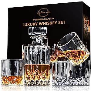 LIGHTEN LIFE Whiskey Decanter Set for Men,Crystal Whiskey Glasses and Decanter Set in Gift Box,Decanter Set with 4 Glasses,Non-Lead Bourbon Decanter Set,Whiskey Glass Decanter Set for Dad Husband
