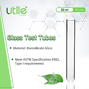 Utile 50pcs of Plain Cylindrical Glass Test Tubes, Vol.20ml, 20x150mm, Medium Borosilicate Glass Material, 4004.0135.50