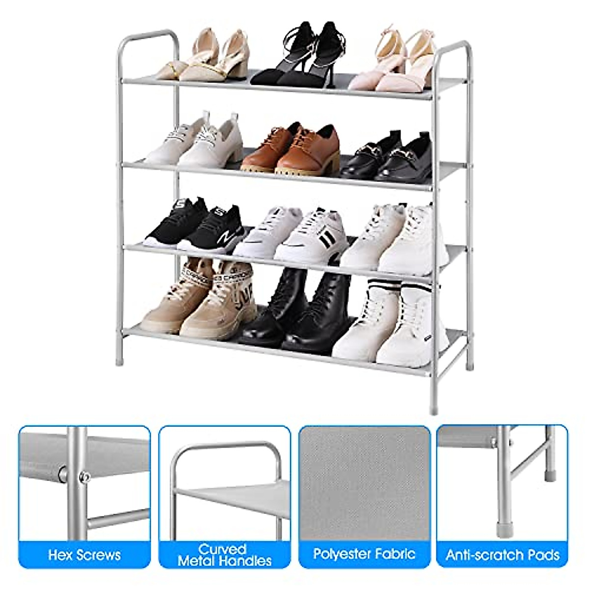 MAX Houser Shoe Rack Storage Organizer 4 Tier Free Standing Fabric Shoe Shelf Compact Shoe closet Organizer Stand Shoe Rack Shelf for 12-20 Pairs, for Entryway Closet Bedroom (Light Gray)