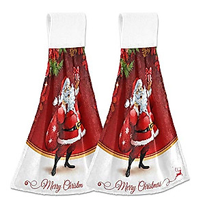 Funny Christmas Kitchen Towel 2pcs Santa Claus Xmas Soft Coral Velvet Hand Towels with Hanging Loop for Bathroom Washcloth Absorbent Tie Towel