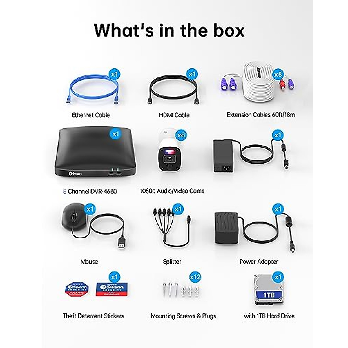 Swann Security Camera, 1080p DVR Bullet Surveillance Cameras with 1TB HDD, 8 Channel 8 Cam, Indoor Outdoor Wired Surveillance Camera, Color Night Vision, Heat Motion Detection, LEDs