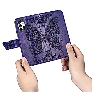 PU Leather Wallet Flip Protective Phone Case with Wrist Strap Card Slots Holder Pocket Emboss Butterfly Flower Stand Case for Samsung Galaxy A32 5G Purple