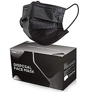 Pack of 50 Disposable Face Mask 3-Ply Breathable & Comfortable Safety Mask, Protective Masks for Indoor and Outdoor - Individually Wrapped (Black Mask)