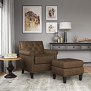 Domesis Button Tufted Rolled Arm Chair and Ottoman in Distressed Brown Faux Leather