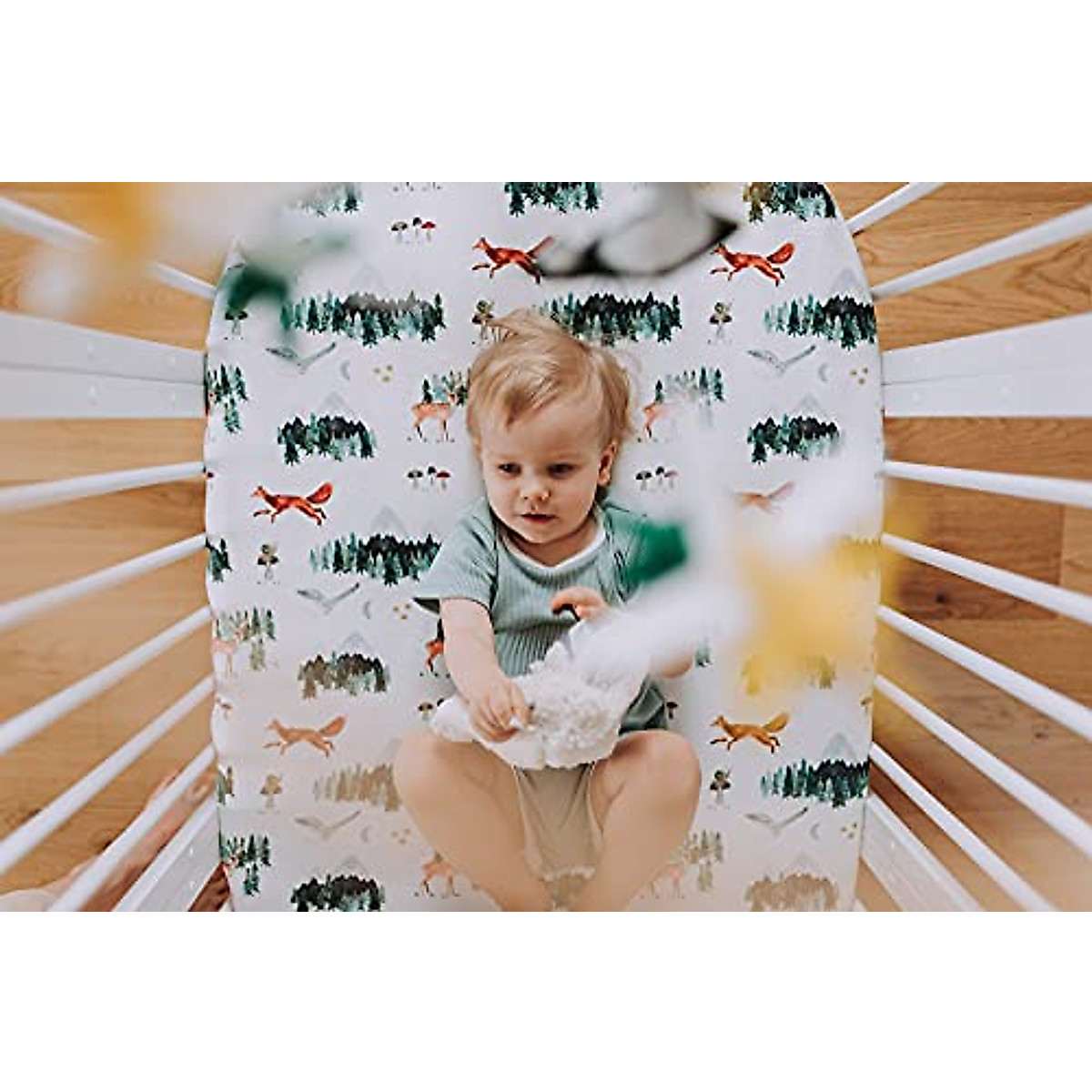 Sorrel + Fern Baby Crib Mobile (Starry Woodland Night, Long Evergreen) - Nursery Decoration Ceiling Mobile and Baby Shower for Boys & Girls