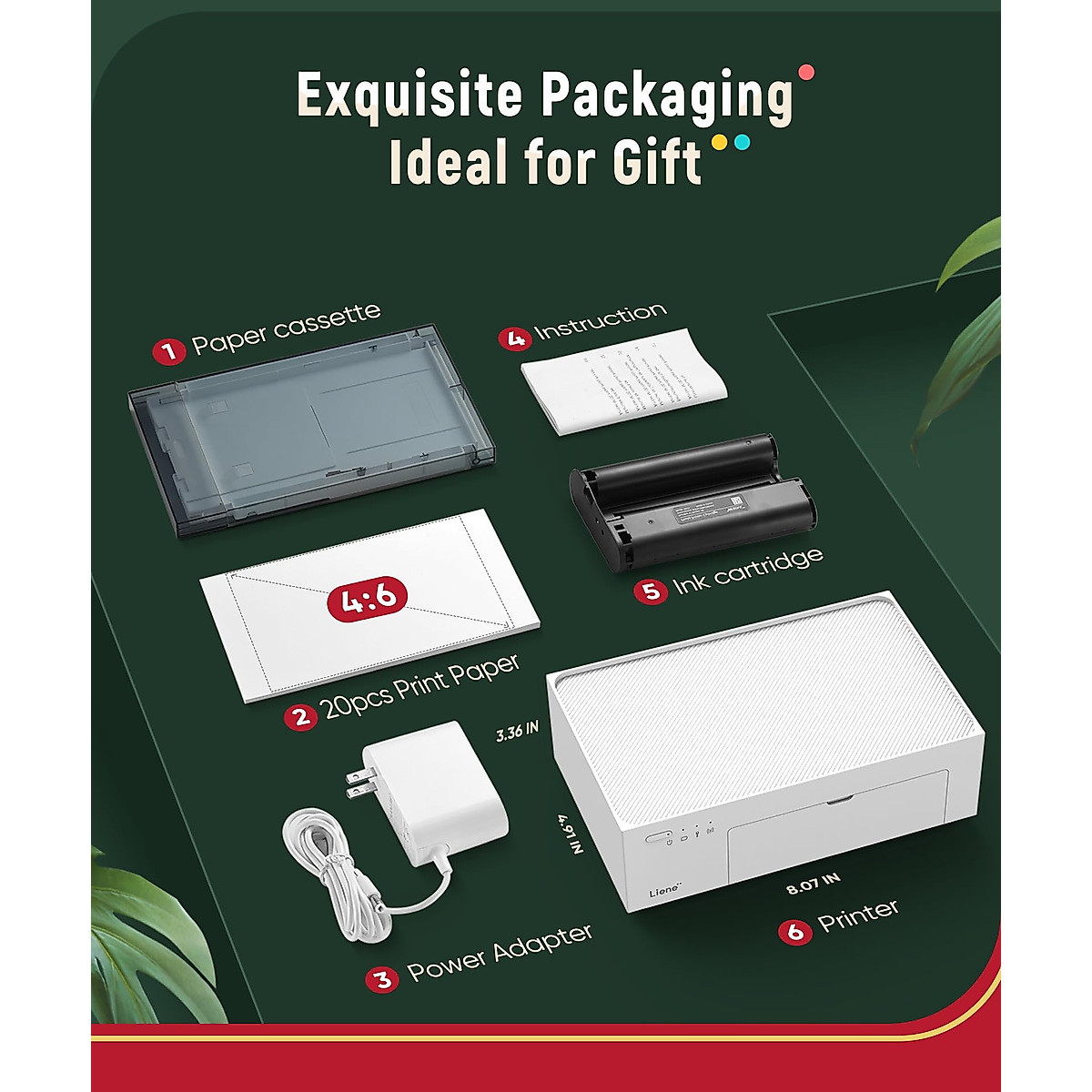 Liene 4x6'' Rechargeable Photo Printer Bundle (100 pcs +3 Ink Cartridges), Wireless Photo Printer for iPhone, Smartphone, Android, Computer, Dye Sublimation Printer, Photo Printer for Travel, Home Use