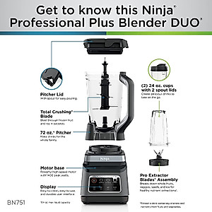 Ninja BN751 Professional Plus DUO Bender, 1400 Peak Watts, 3 Auto-IQ Programs for Smoothies, Frozen Drinks & Nutrient Extractions, 72-oz. Total Crushing Pitcher & (2) 24 oz. To-Go Cups, Dark Grey