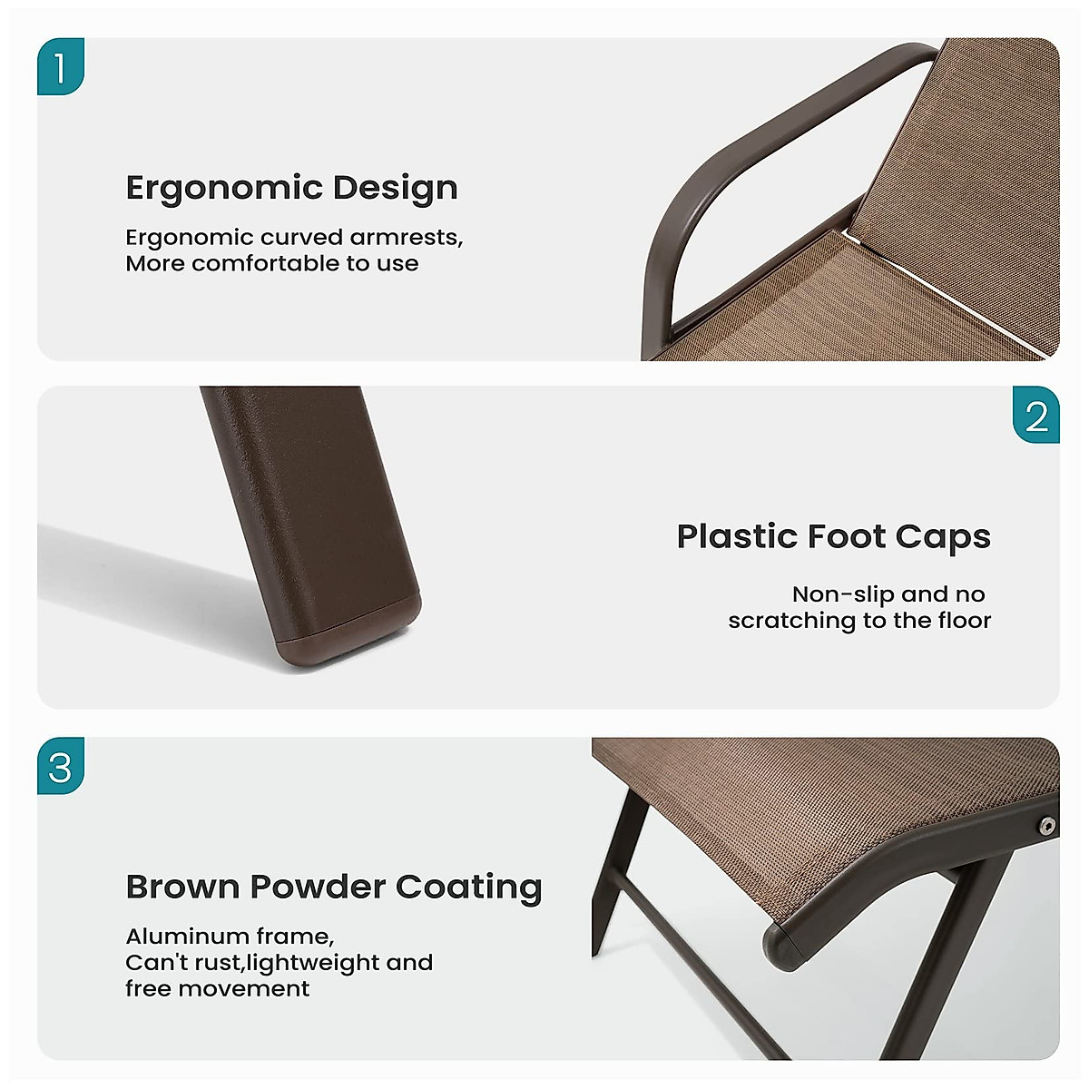 Pellebant Aluminum Pool Lounge Chairs Set of 2, Patio Chaise Lounge with Adjustable Backrest & Armrest, Heavy Duty Pool Lounge Chairs for Outside, Lawn, Yard, Patio, Pool(2pcs,Brown)