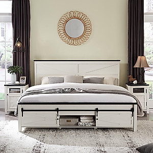 JXQTLINGMU Farmhouse Wood Bed Frame King Size with Sliding Barn Door Storage Cabinets and Headboard, Solid Wood Slats Support, Noiseless, No Box Spring Needed, Antique White